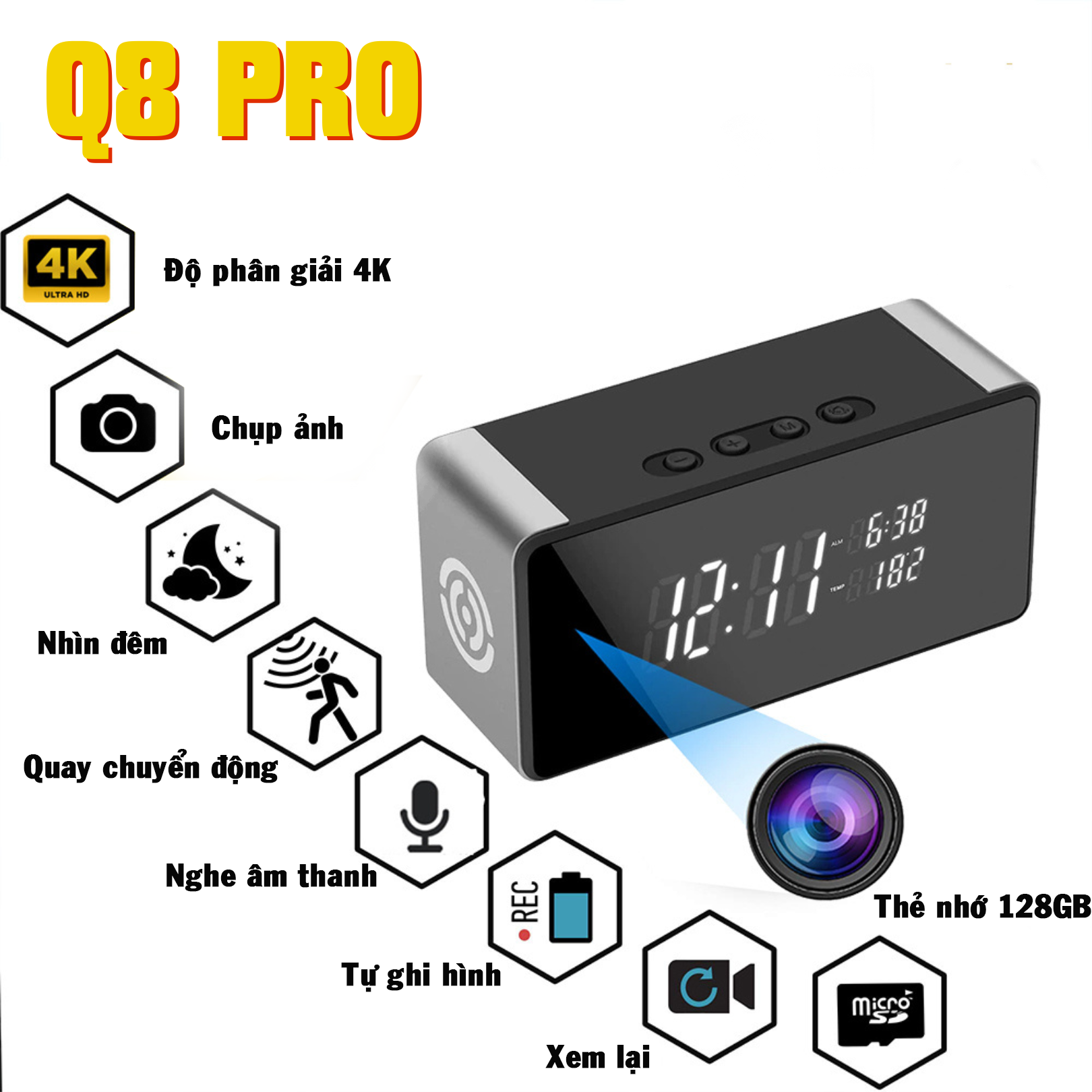 Camera Đồng Hồ Đặt Bàn Q8 Pro 4K - Âm thanh Rõ nét - Hồng ngoại ẩn 10m.